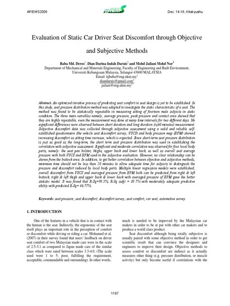 Evaluating Static Car Driver Seat Discomfort Through Objective And Subjective Methods An