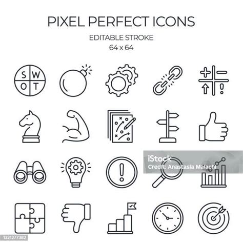 강도 약점 기회 및 흰색 배경 평면 벡터 그림에서 격리된 편집 가능한 스트로크 윤곽선 아이콘과 관련된 위협과 함께 Swot 분석