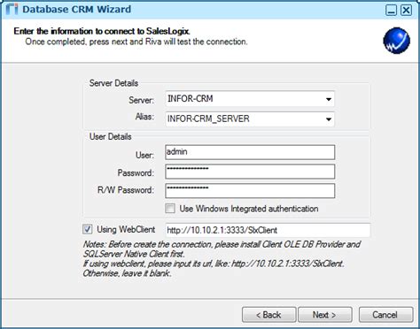 Create Test And Edit An Infor Crm Saleslogix Connection Riva