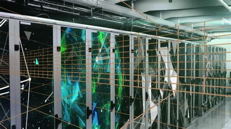 data processing animation over server racks in data center network of