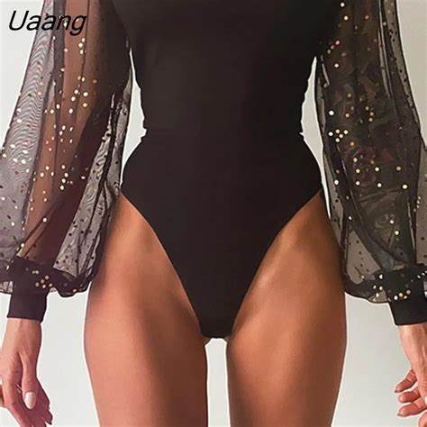 Uaang Women Long Sleeve Playsuits Sexy Shiny Sheer Mesh Sequins Puff