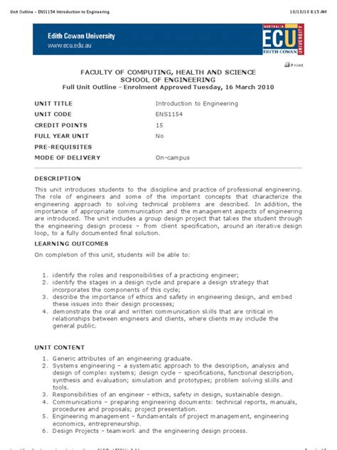 Unit Outline Ens1154 Introduction To Engineering Engineering Design Process Design