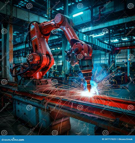 Industrial Welding Robots Futuristic Machines In Production Line Manufacturer Factory Welding