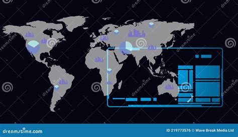 Composition Of Digital Screen And Statistics Over World Map Stock