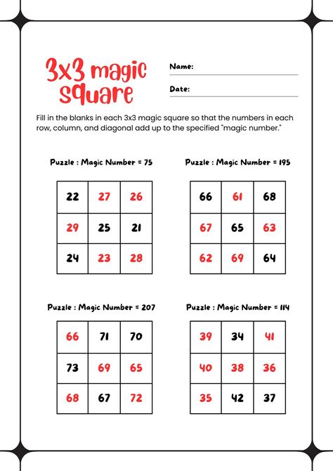 3x3 Magic Square Addition Puzzle Worksheet Etsy