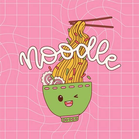 일본 아시아 음식 마스코트 완벽한 Fo와 가와이이 라면 그릇 음식 국수 캐릭터 복고풍 배경 프리미엄 벡터