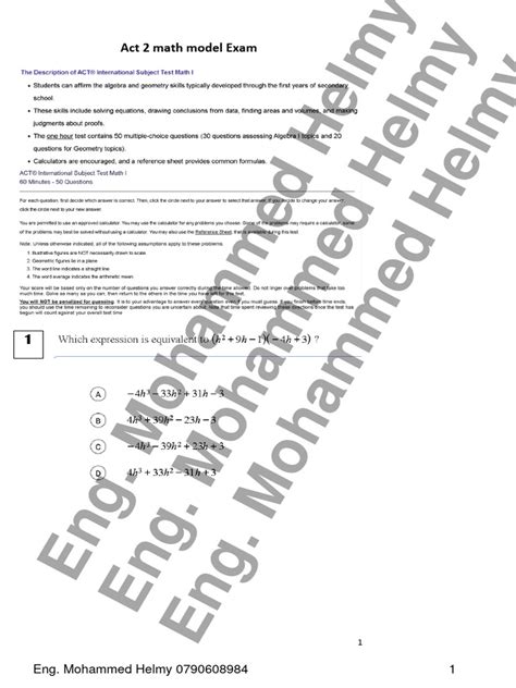 Act Ii Math Level 1 Model Exam Pdf