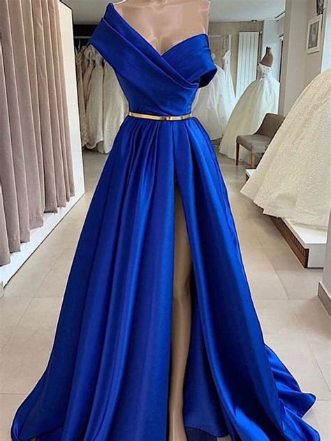 One Shoulder Royal Blue Floor Length Prom Dress With High Slit High S