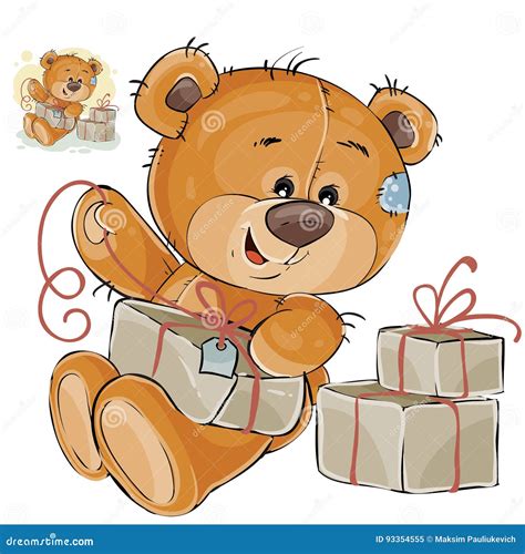 Vector Illustration Of A Brown Teddy Bear Tie A Packing Box With A Cord