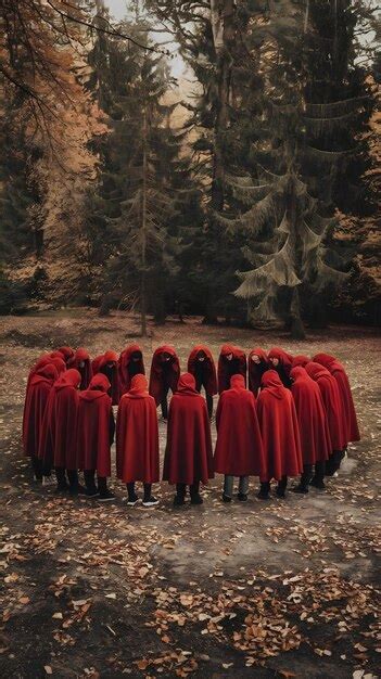 Group Of Mystery People In A Red Hooded Cloaks Premium Ai Generated Image