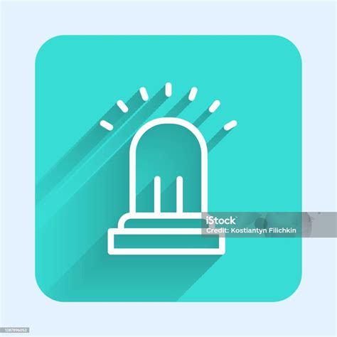 긴 그림자로 격리 된 흰색 라인 울리는 알람 벨 아이콘 화재 경보 시스템 서비스 벨 핸드벨 기호 알림 기호 녹색 정사각형 버튼입니다 벡터 그림자에 대한 스톡 벡터 아트 및