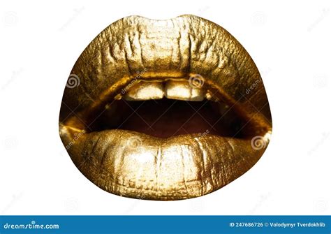 Beautiful Lipped Woman Gold Mouth Isolated On White Sensual Golden