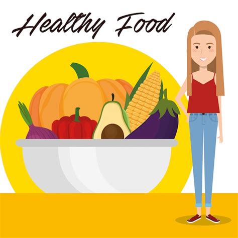 Premium Vector Young Woman With Fruits And Vegetables