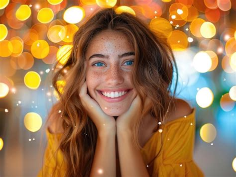 Una Chica Rubia Iluminada Por Luces Sonriendo A La Cámara Imagen