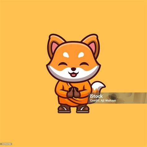 폭스 몽크 귀여운 크리에이티브 카와이 만화 마스코트 로고 부처 불교에 대한 스톡 벡터 아트 및 기타 이미지 부처 불교 벡터