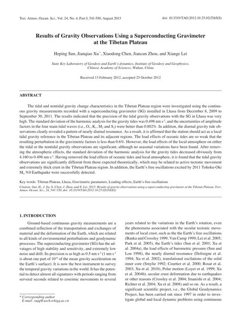 Pdf Results Of Gravity Observations Using A Superconducting Gravimeter At The Tibetan Plateau
