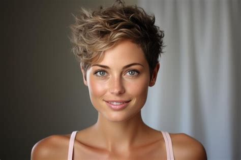 Premium Ai Image European Woman With Short Hair Look Camera On Grey