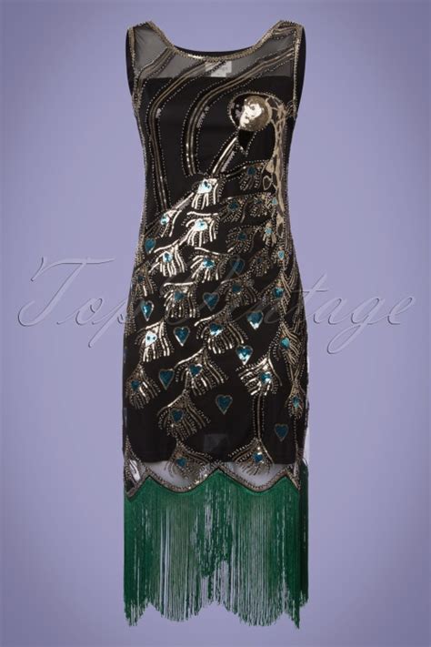 Unique Vintage 20s Antoinette Beaded Peacock Flapper Dress In Black And
