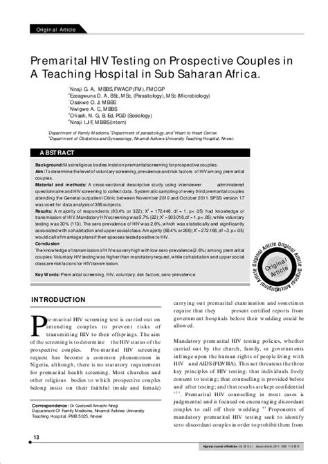 Pdf Premarital Hiv Testing On Prospective Couples In A Teaching