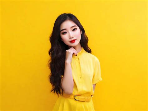 Premium Psd Portrait Of Beautiful Asian Girl Posing On Yellow Background