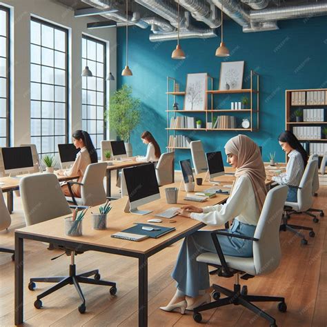 Clean Modern Office Room Design With Vibrant Wall Color With Separate Desk Premium Ai