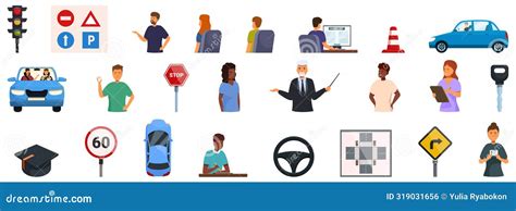 Driving School Lessons Vector A Collection Of Icons For Various Traffic Signs And Symbols
