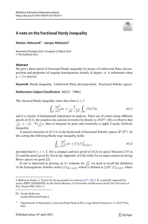 Pdf A Note On The Fractional Hardy Inequality