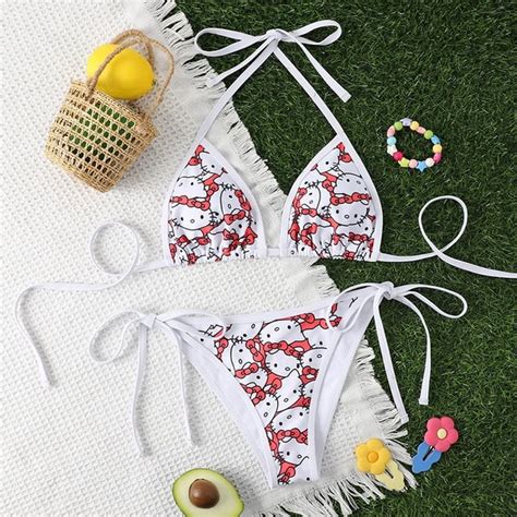 Sanrio Hello Kitty Kuromi Bikini Set Kawaii Cinnamoroll Summer Swimsuit