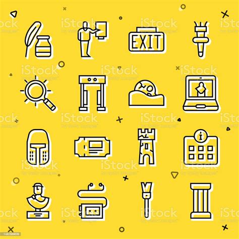 세트 라인 고대 기둥 정보 온라인 박물관 출구 표지판 금속 탐지기 돋보기 깃털 및 잉크병 및 인간 두개골 아이콘 벡터 아이콘 세트에 대한 스톡 벡터 아트 및 기타 이미지