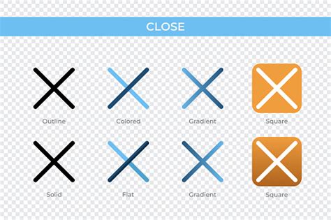 다른 스타일의 닫기 아이콘 닫기 벡터 아이콘은 윤곽선 솔리드 색상 그라디언트 및 플랫 스타일로 설계되었습니다 기호 아이콘 그림 벡터 일러스트 레이 션 0명에 대한 스톡 벡터