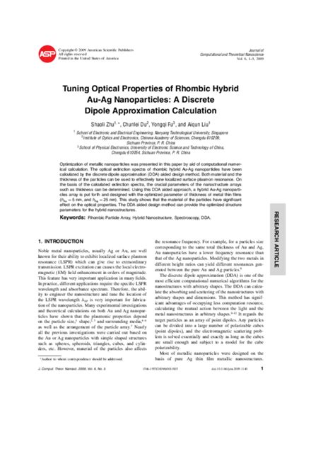Pdf Tuning Optical Properties Of Rhombic Hybrid Au Ag Nanoparticles A Discrete Dipole