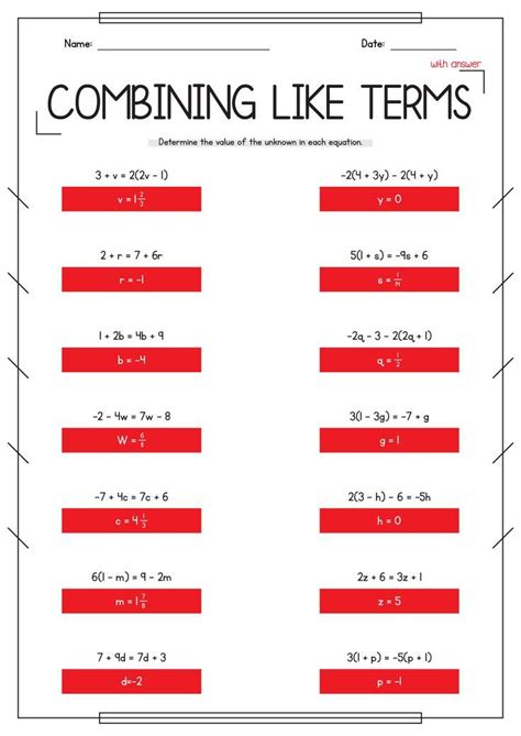Combining Like Terms Worksheet Answer Key