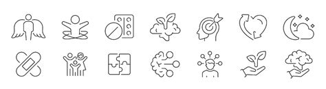 심리 치료 아이콘 세트입니다 심리 치료 벡터 아이콘입니다 심리 치료와 관련된 개요 아이콘 집합입니다 선형 아이콘 컬렉션입니다 편집 가능한 획 벡터 아이콘 불안에 대한 스톡