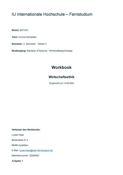 Workbook Wirtschaftsethik IU Internationale Hochschule Fernstudium