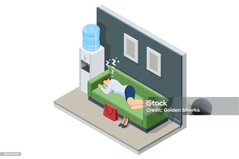 사무실에서 잠을 자고 있는 아이소메트릭 피곤한 과로한 직원 피곤함과 피로 개념 사무실 소파에서 자고 있는 피곤한 비즈니스 우먼