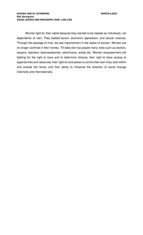 SSP Assignment Woman DJOANA JANE M CATIMBANG MARCH 6 BSA 3 Irregular SOCIAL SCIENCE AND