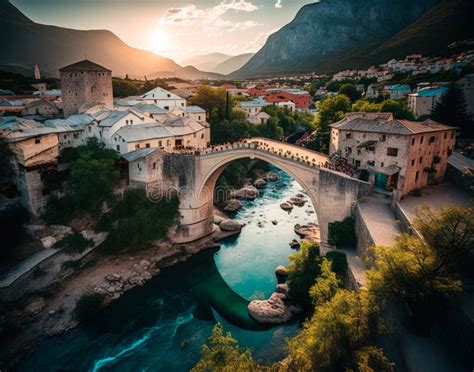 The Old Bridge Of Mostar Stock Illustration Illustration Of Mostar