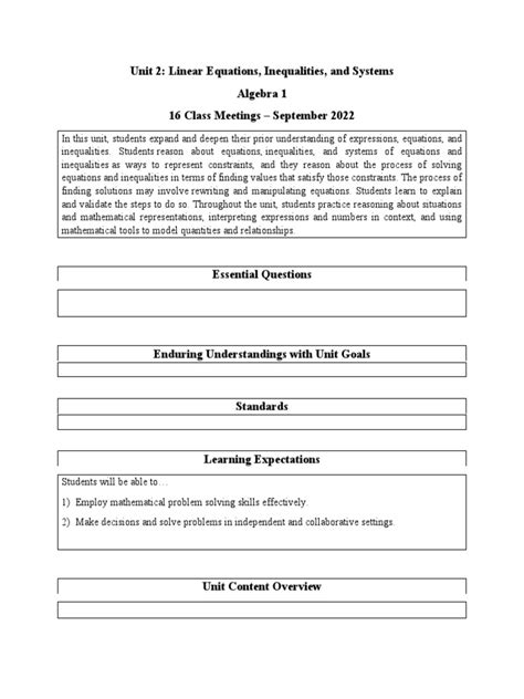 Unit 2 Linear Equations Inequalities And Systems Algebra 1 16 Class