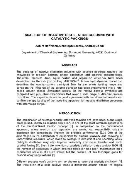 Pdf Scale Up Of Reactive Distillation Columns With Catalytic Packings