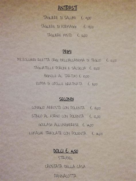 Speisekarte Von Tana Del Nibbio Restaurant Piani Resinelli Ii