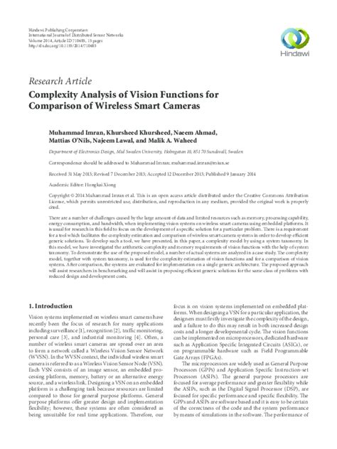 Pdf Complexity Analysis Of Vision Functions For Comparison Of Wireless Smart Cameras