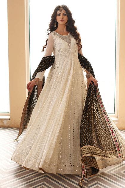 Cotton Net White Angrakha For Pakistani Wedding Dresses Nameera By Farooq