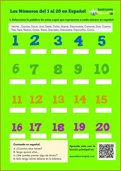 Spanish Numbers 1 20 Worksheet