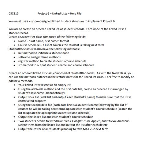 Solved Csc212 Project 6 Linked Lists Help File You Must