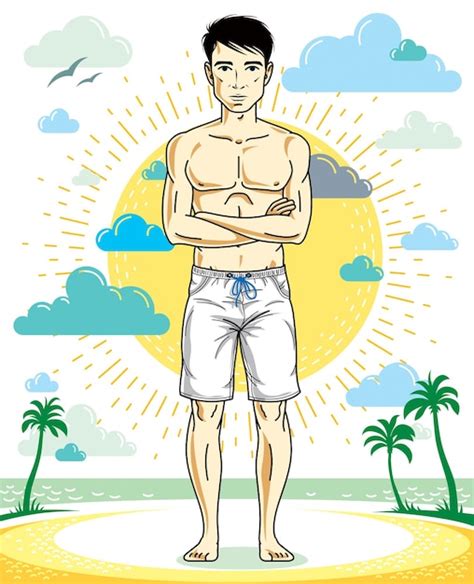 반바지에 열 대 해변에 서 있는 잘생긴 Brunet 젊은 남자 벡터 운동 남성 그림입니다 여름 휴가 라이프 스타일 테마 만화