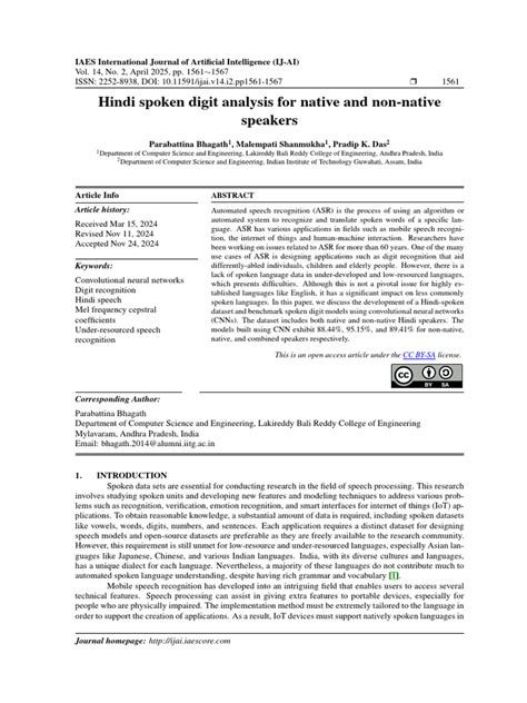 Hindi Spoken Digit Analysis For Native And Non Native Speakers Pdf