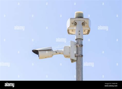 Modern Security Camera Monitoring Public Space Ensuring Safety And Surveillance Against Blue