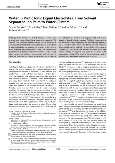 Pdf Water In Protic Ionic Liquid Electrolytes From Solvent Separated