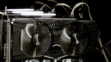 Close Up Details Of Modern Mining Rig With Gpu Graphics Cards Used For Creating Bitcoin Digital