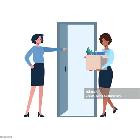 여자 상사는 일없이 흑인 여성을 떠난다 해고된 아프리카인은 손에 상자를 들고 사무실을 떠난다 벡터 플랫 해고 된 직원 실업 위기 경제 쇠퇴로 인한 일자리 손실 개념에 대한